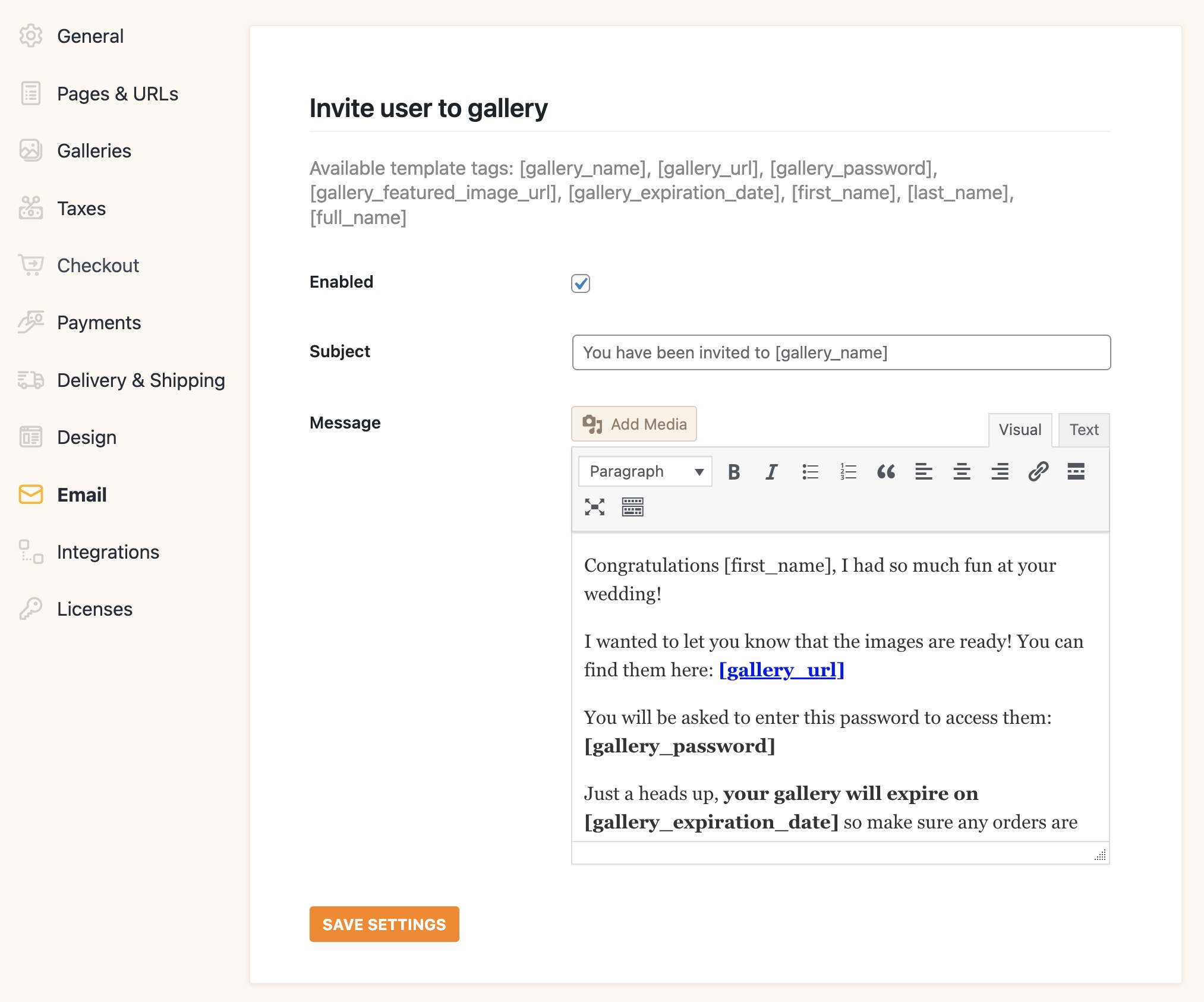 Messaging WordPress add-on for Sunshine Photo Cart